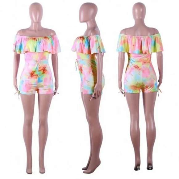 Sogralimasos | Pants & Jumpsuits | Tie Dye Off Shoulder Ruffle Rumper ...